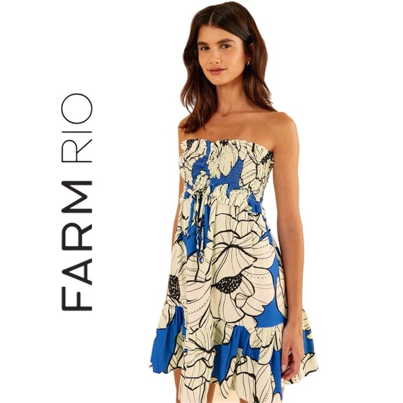 FARM Rio | Dresses | Farm Rio Strapless Smocked Ruffle Mini Dress M ...